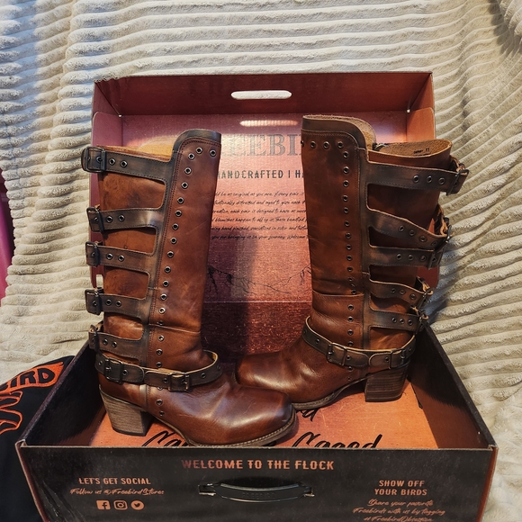 freebird | Shoes | Freebird Brown Heeled Boots With Buckle Straps ...